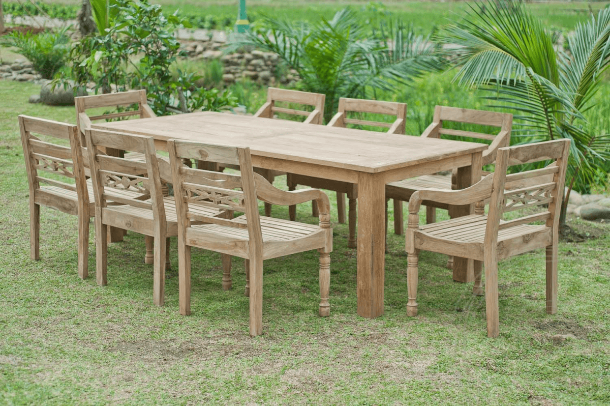 Teak tuintafel 240x100cm + 8 stationsstoelen – Souren Meubels